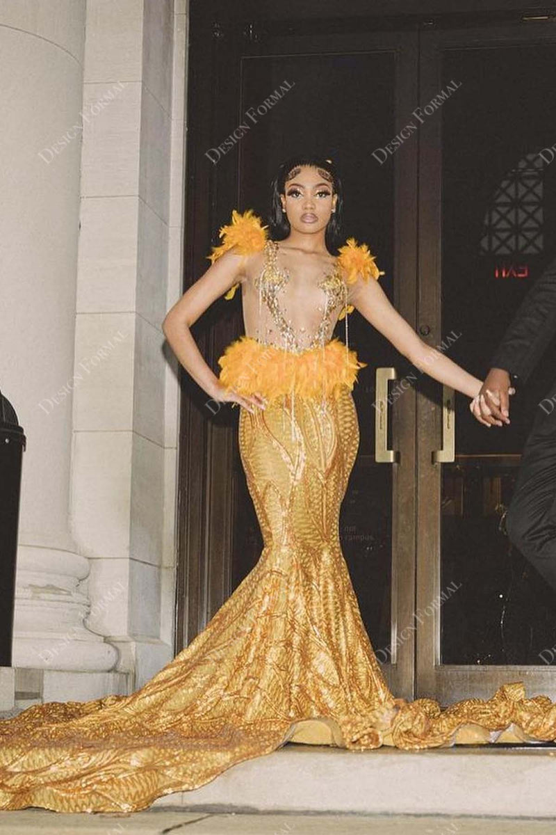 Yellow Sequin Turkey Feather Designer Mermaid Long Train Prom Dress
