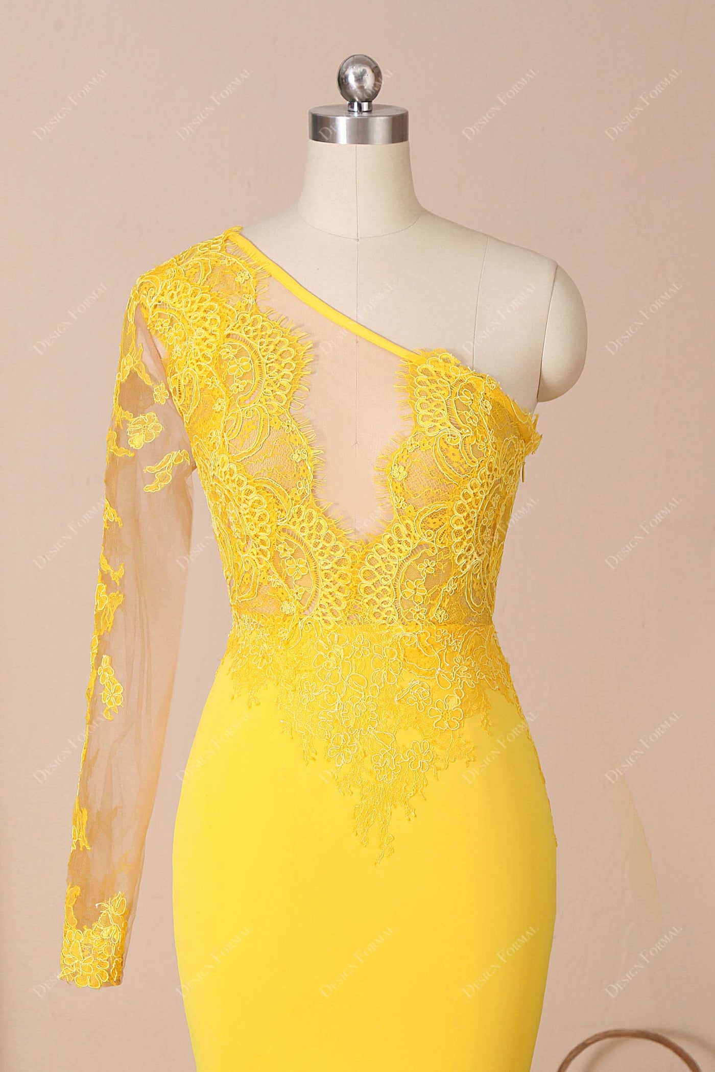 Yellow Unique One Shoulder Lace Jersey Long Mermaid Sexy Prom Dress